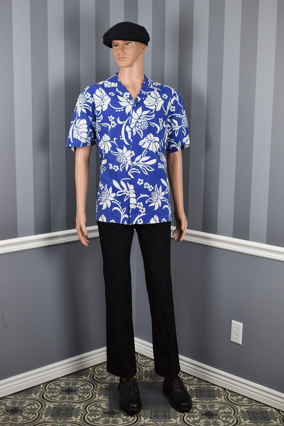 Vintage Men's 70s Kai Nani Blue Hawaiian Floral Made … - Gem