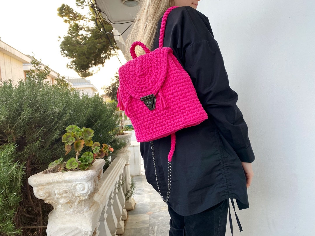 Knitted Pink Hand Woven Backpack, Crochet Luxury Designer Bag ...