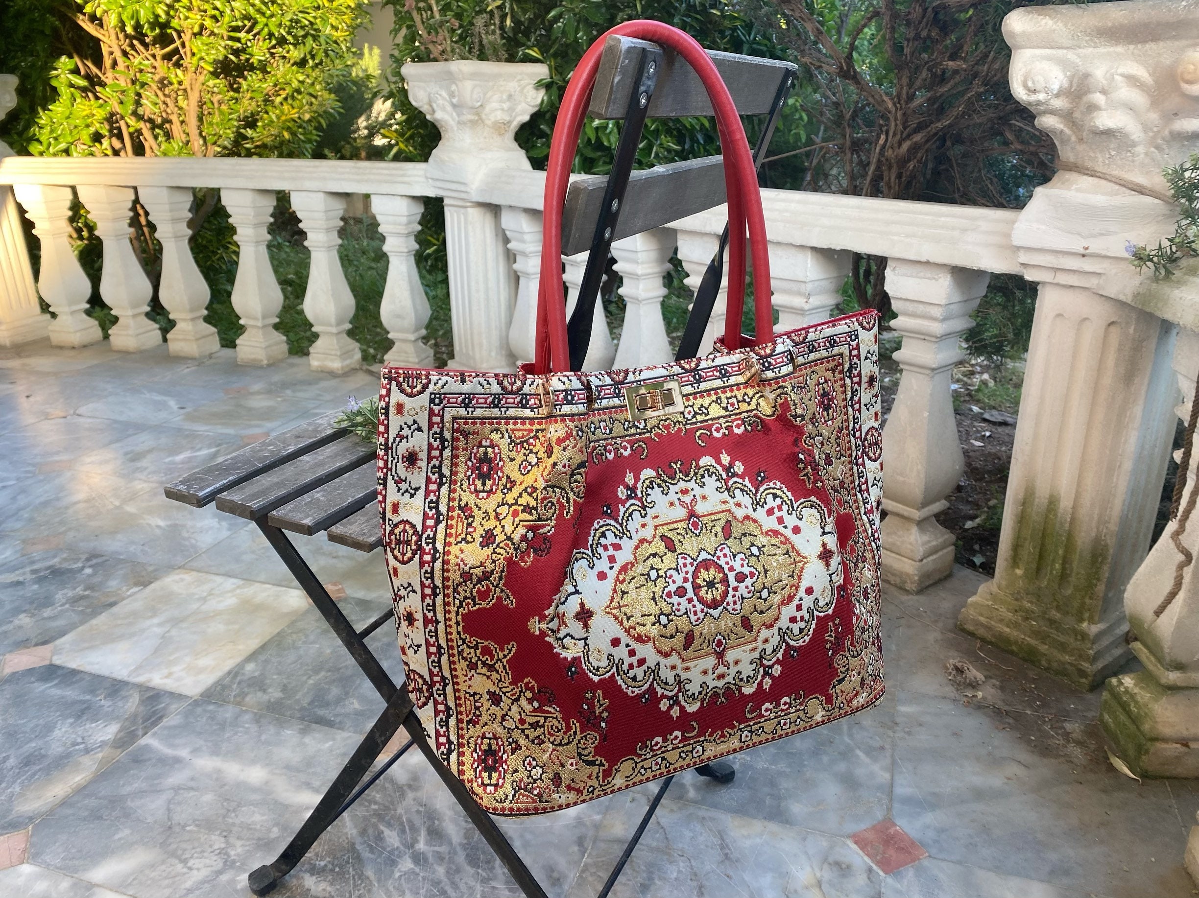 Shoulder Red Tote Bag, Metalic Fabric Kilim Bag, Vegan Leather Turkish ...