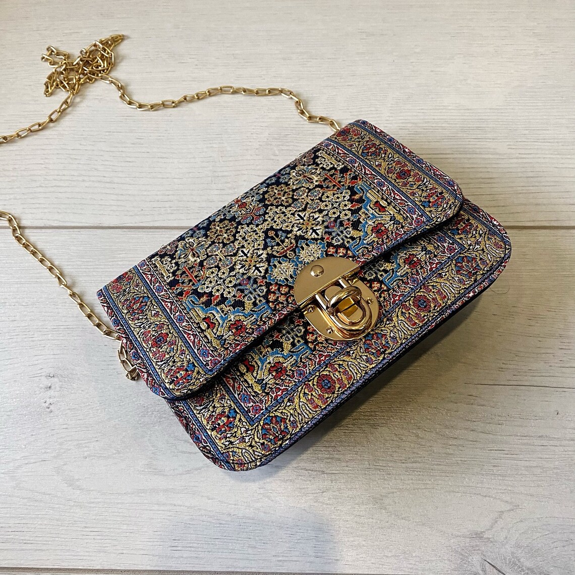 Luxury Gifts for Her, Dark Blue Boho Shoulder Metalic Fabric Kilim Bag ...