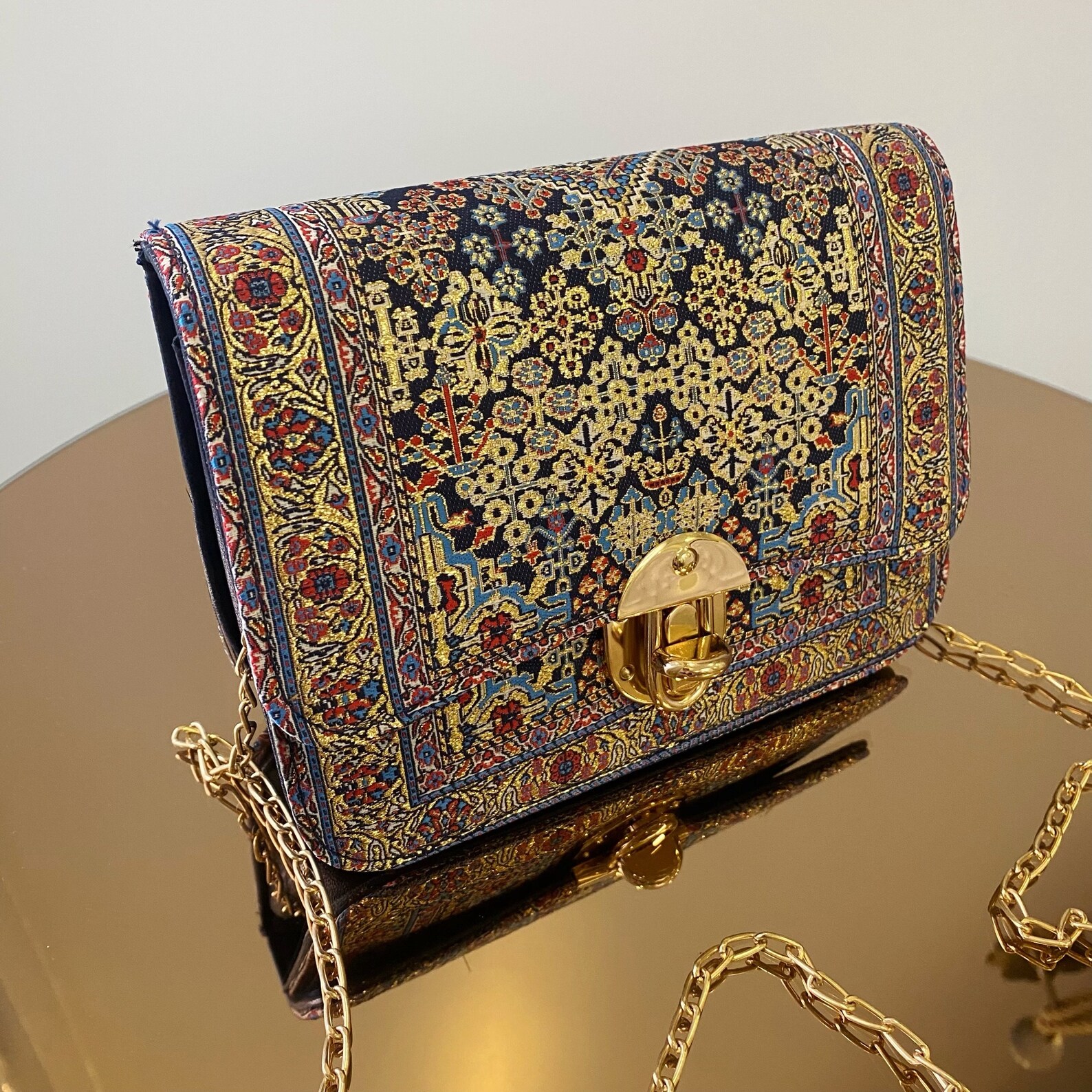 Luxury Gifts for Her, Dark Blue Boho Shoulder Metalic Fabric Kilim Bag ...