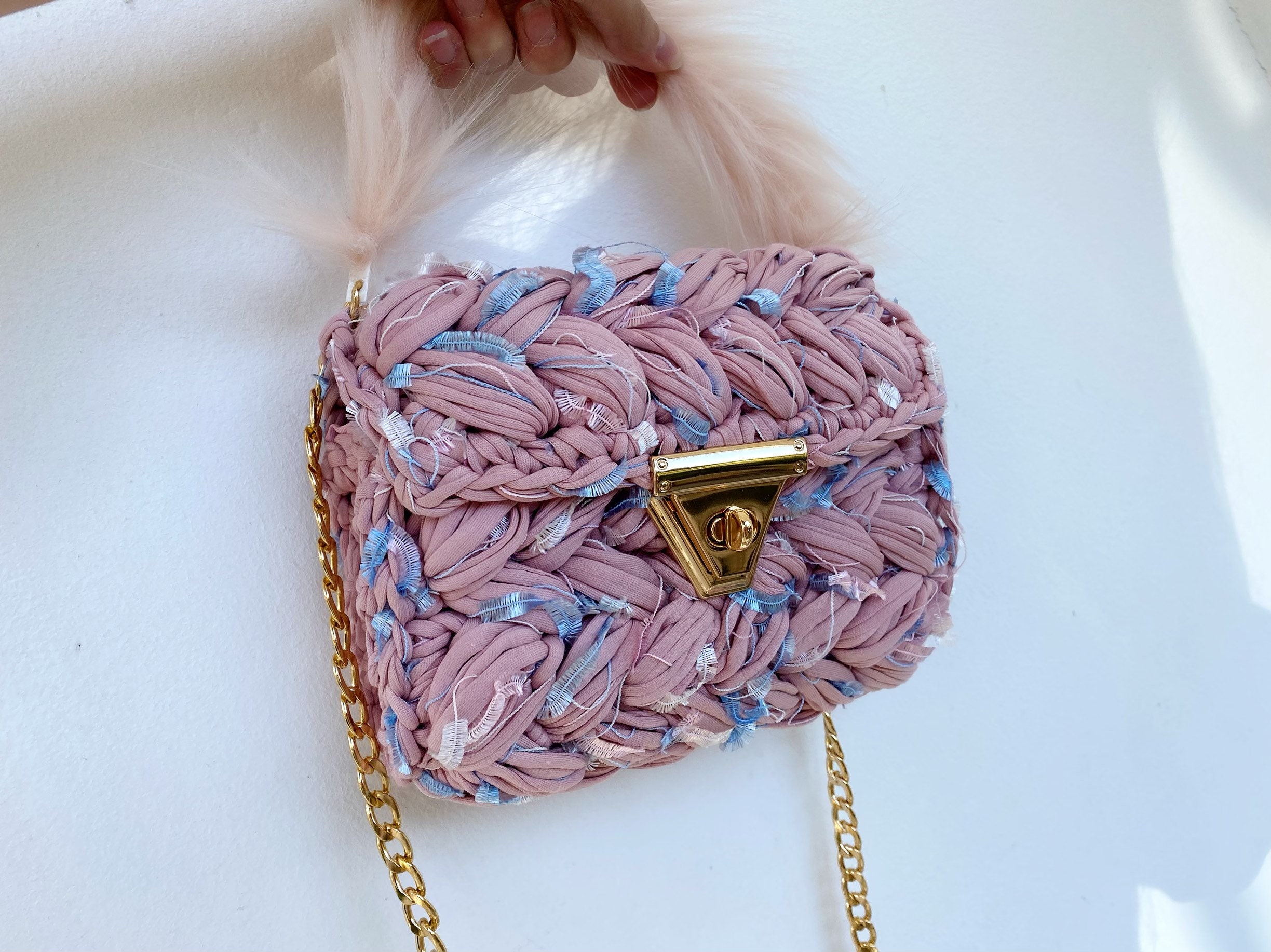 Pink Plush Handle Bag Yarn Knitted Bag Handwoven Shoulder - Etsy