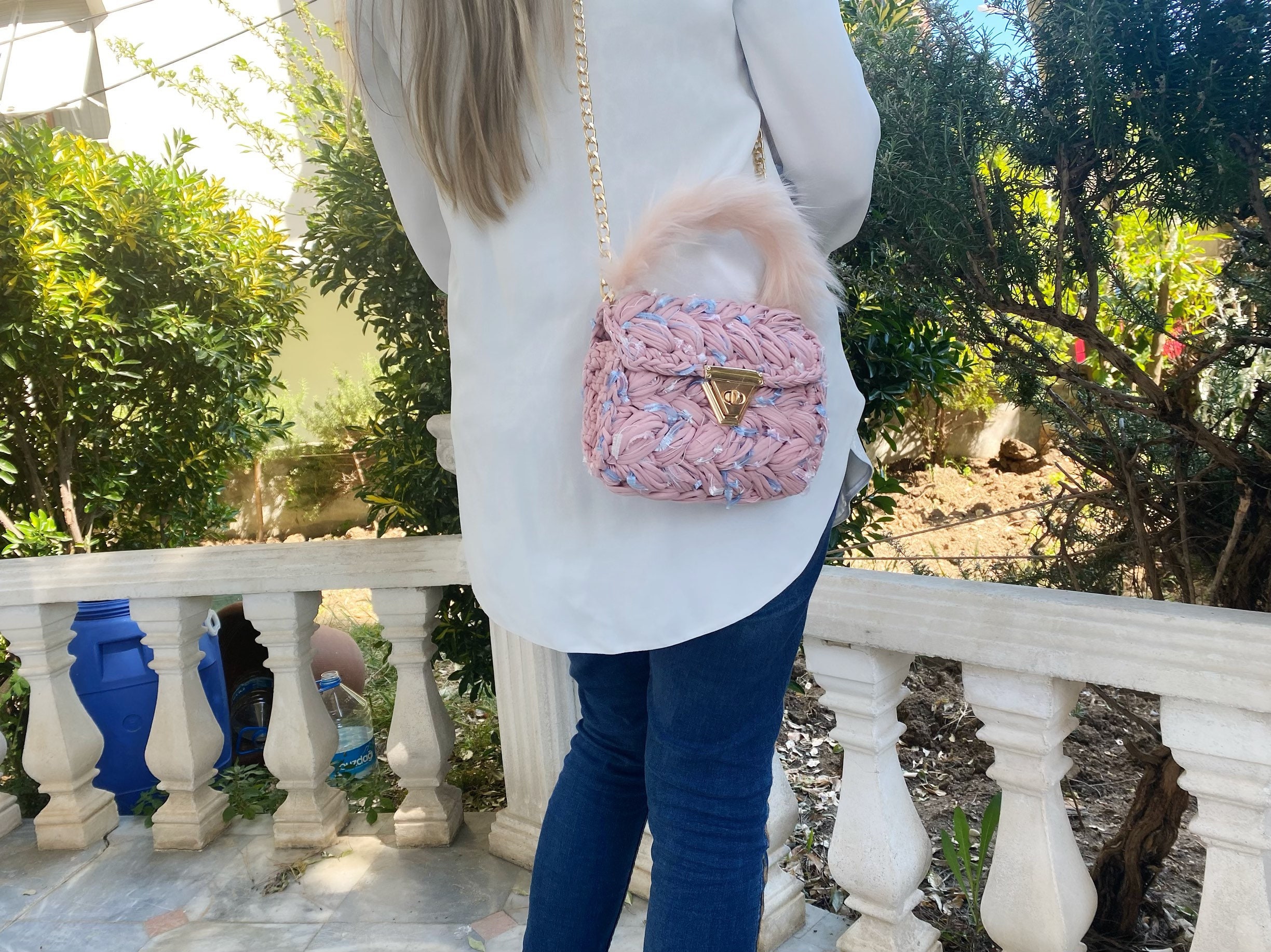 Pink Plush Handle Bag Yarn Knitted Bag Handwoven Shoulder - Etsy