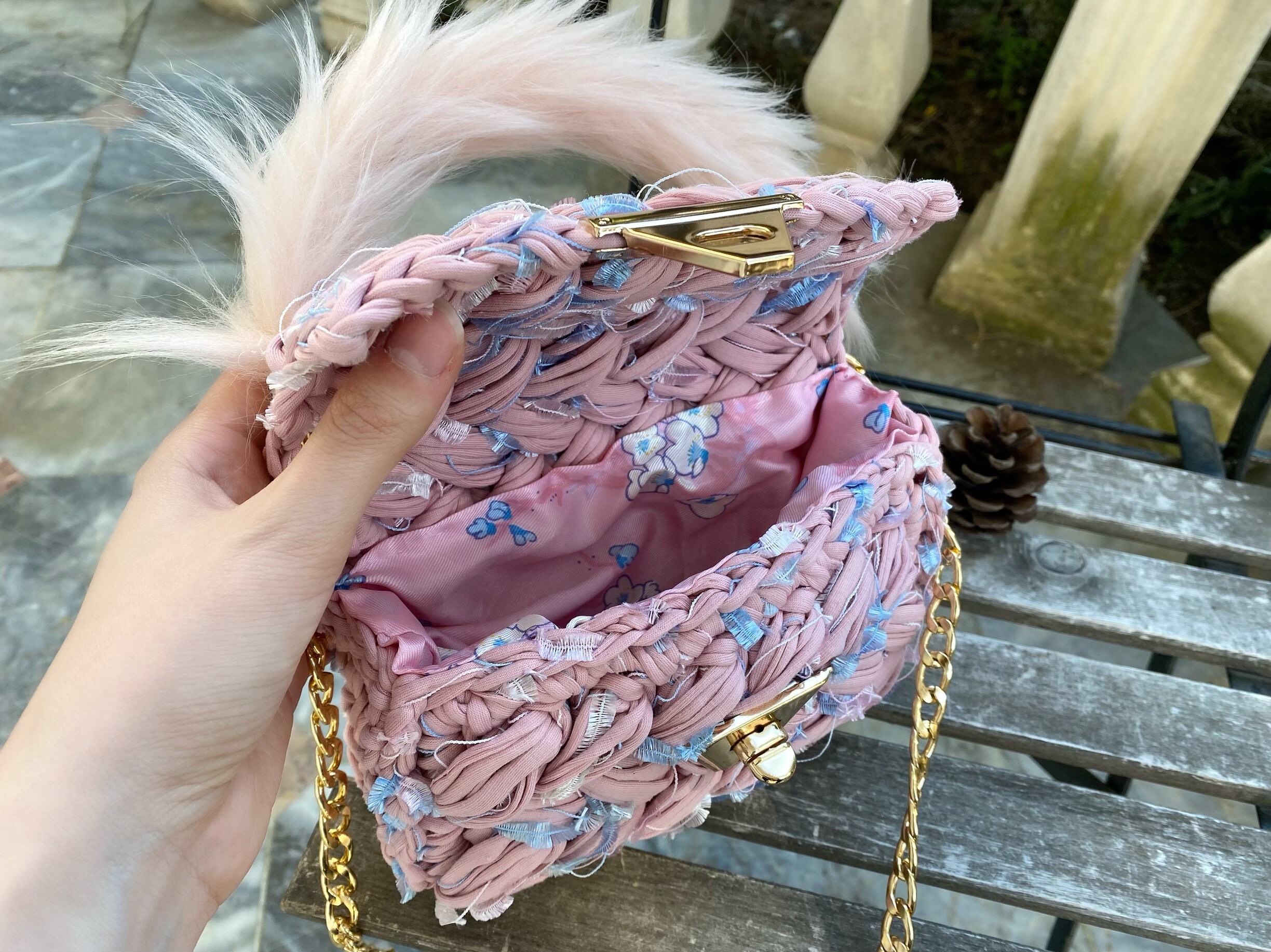 Pink Plush Handle Bag Yarn Knitted Bag Handwoven Shoulder - Etsy