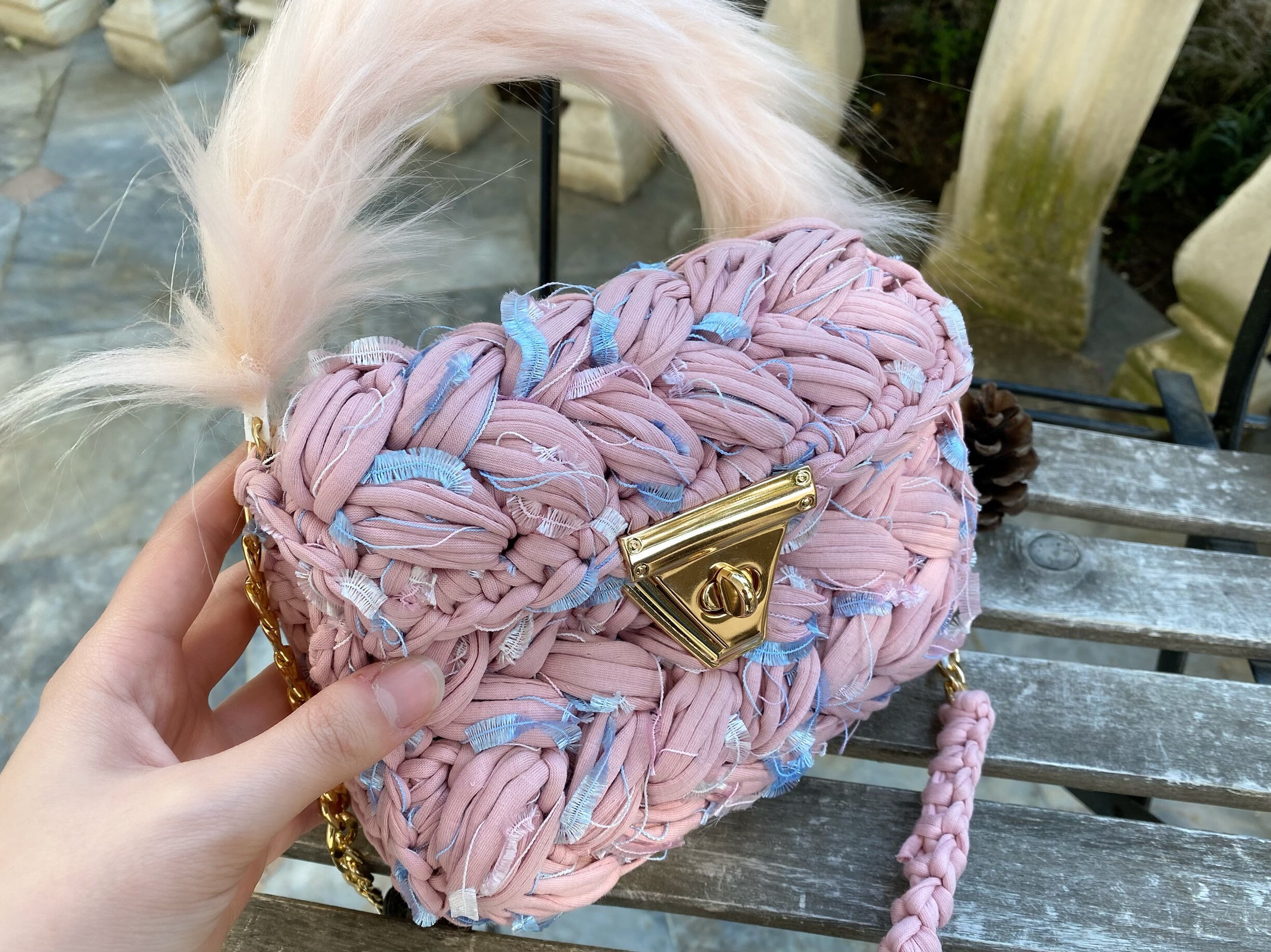 Pink Plush Handle Bag Yarn Knitted Bag Handwoven Shoulder - Etsy