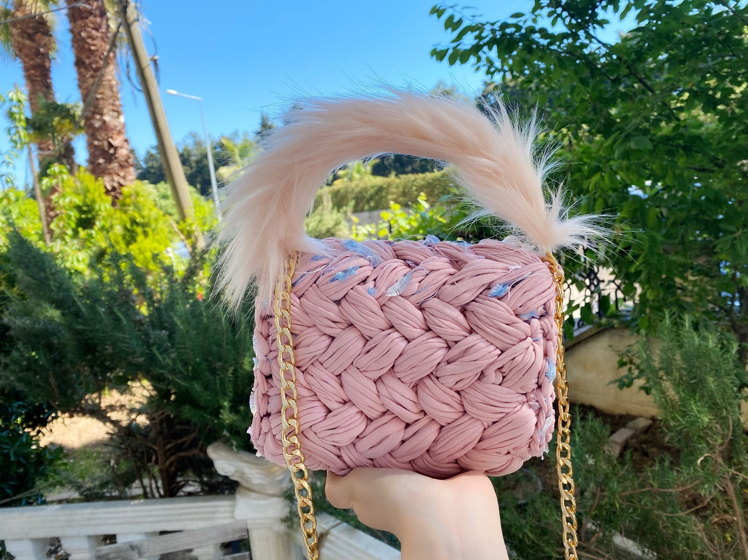 Pink Plush Handle Bag Yarn Knitted Bag Handwoven Shoulder - Etsy