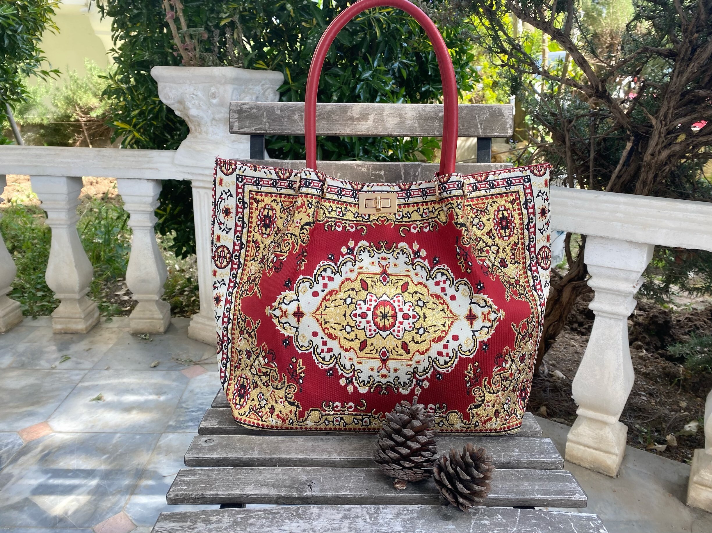 Shoulder Red Tote Bag, Metalic Fabric Kilim Bag, Vegan Leather Turkish ...