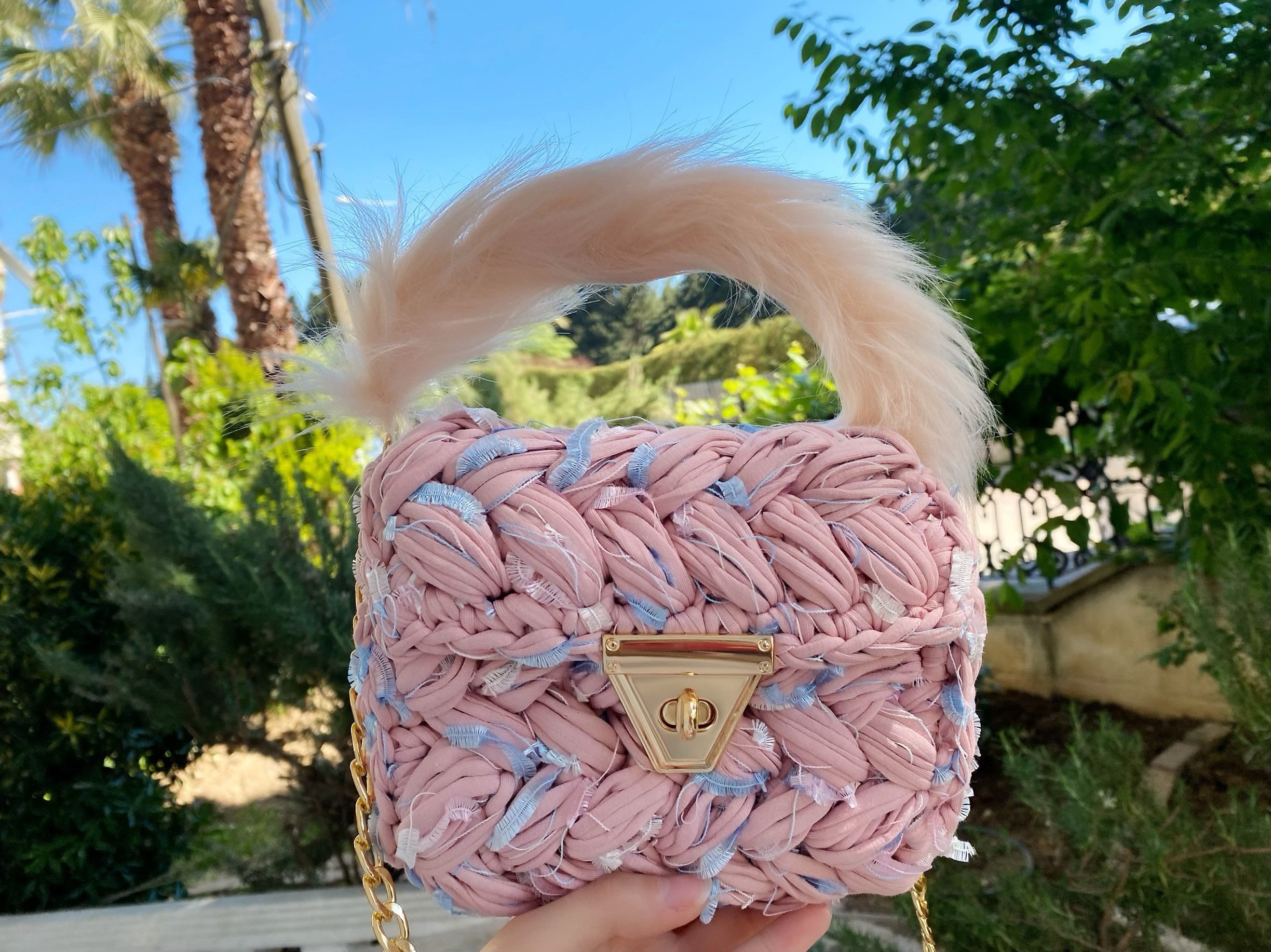 Pink Plush Handle Bag Yarn Knitted Bag Handwoven Shoulder - Etsy