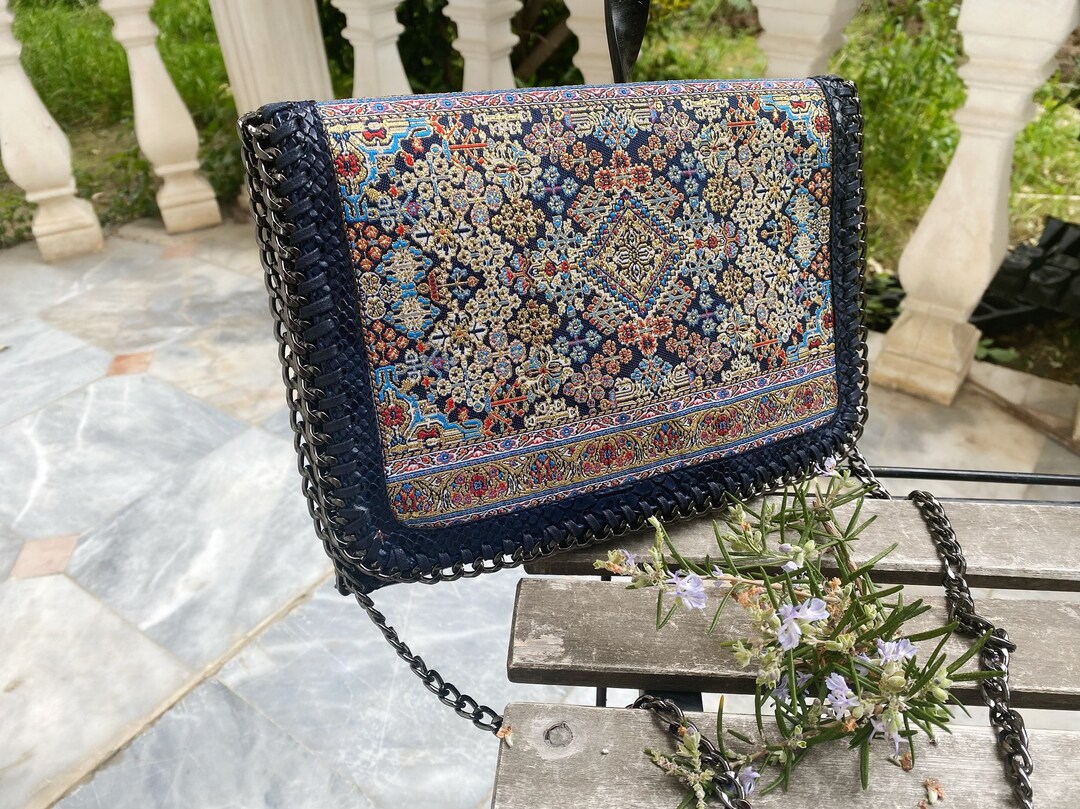 Blue Boho Metalic Fabric Kilim Bag, Turkish Kilim Bag, Authentic Vegan ...