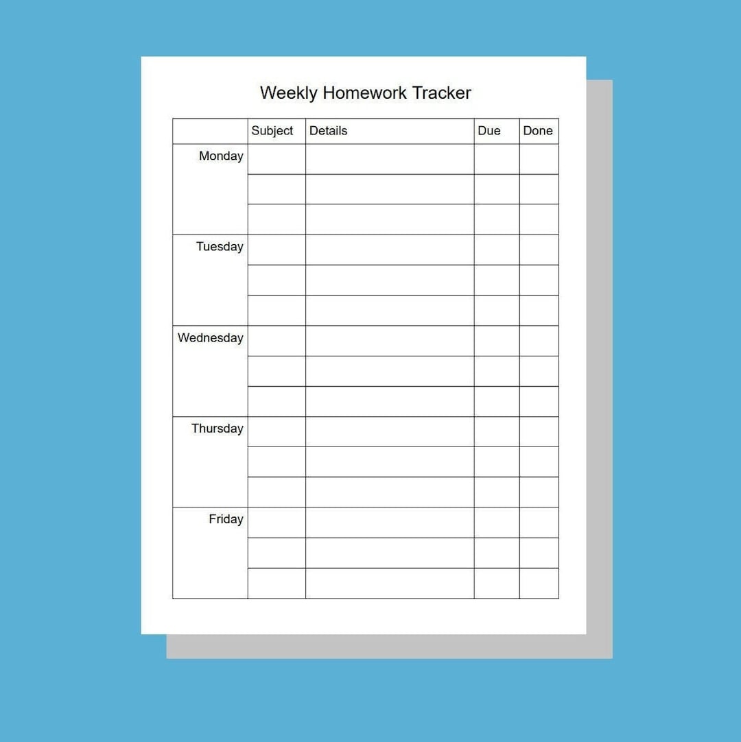 Weekly Homework Tracker, Letter Editable Digital Download - Etsy