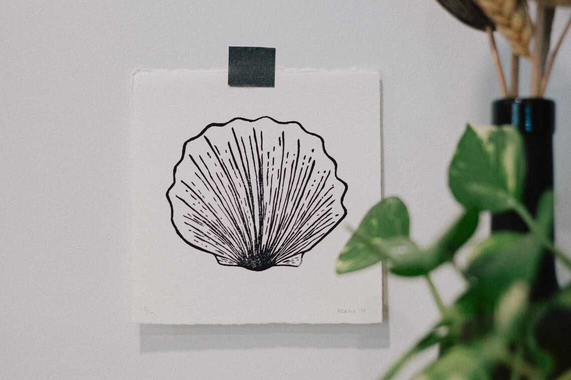 Seashell Tropical Linocut Mini Print Hand Carved Rives - Etsy