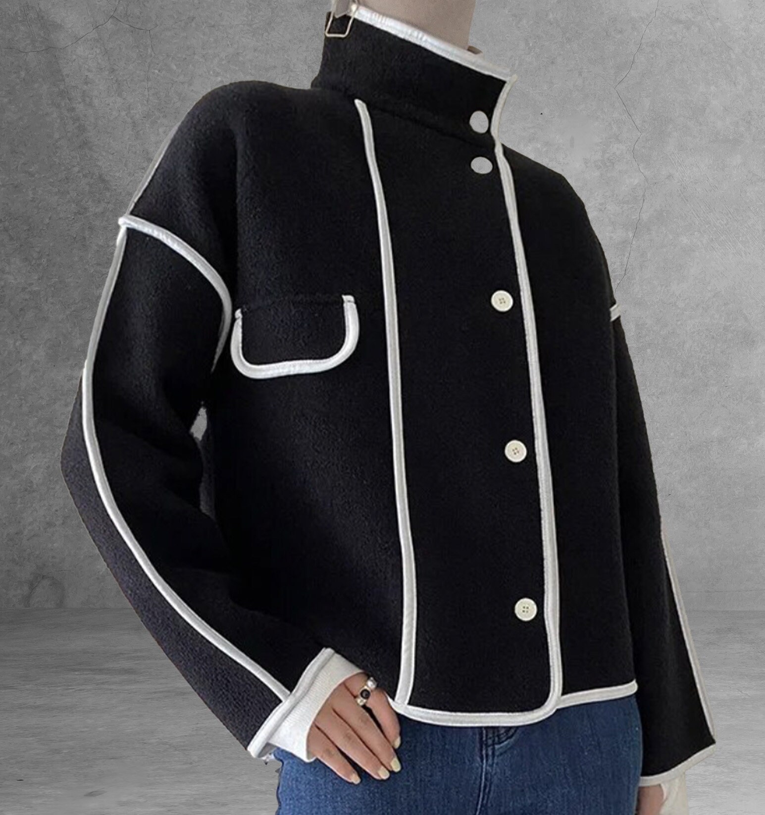 Contrast Trimmed Jacket - Black and White - Etsy