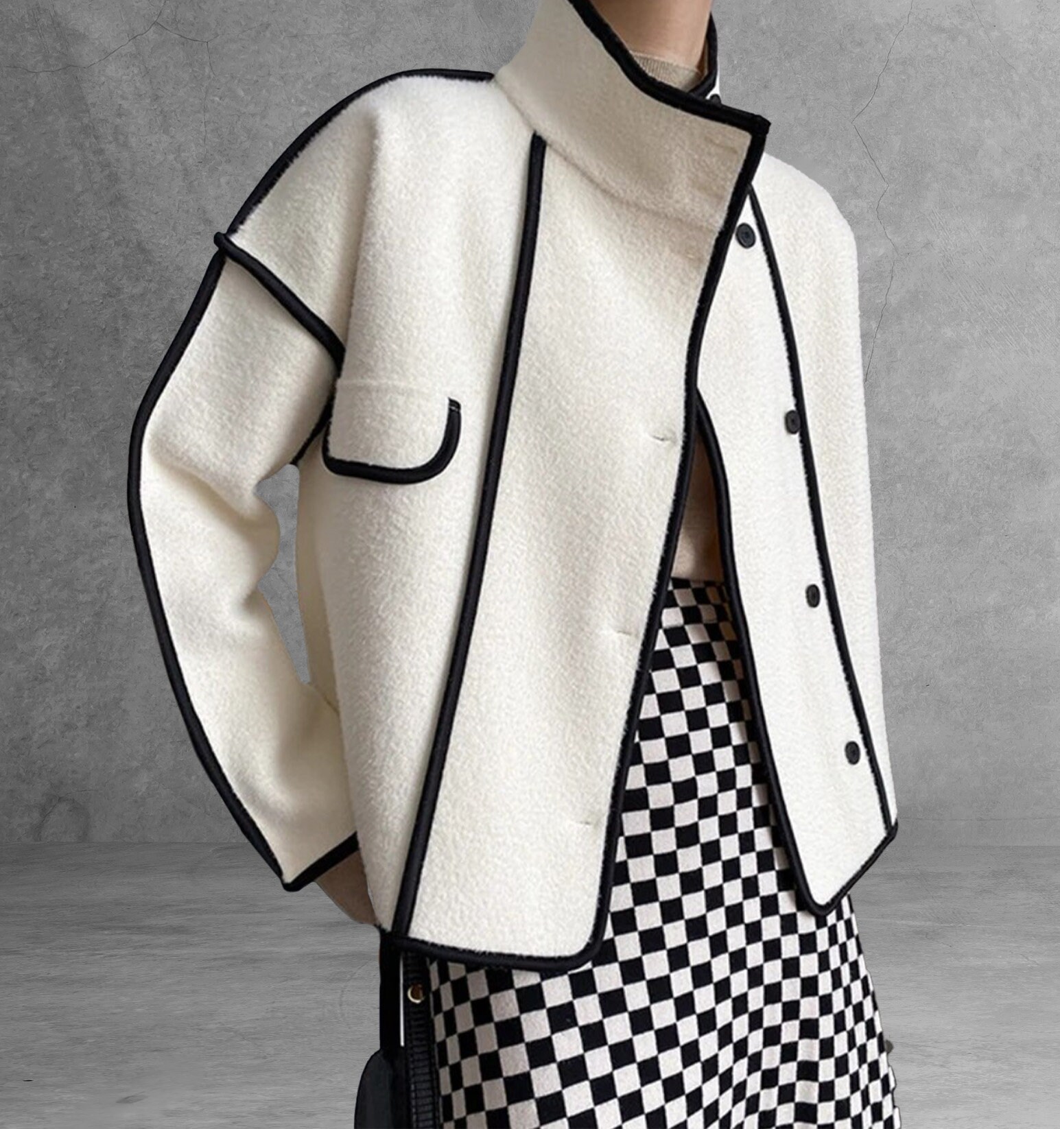 Contrast Trimmed Jacket - Black and White - Etsy