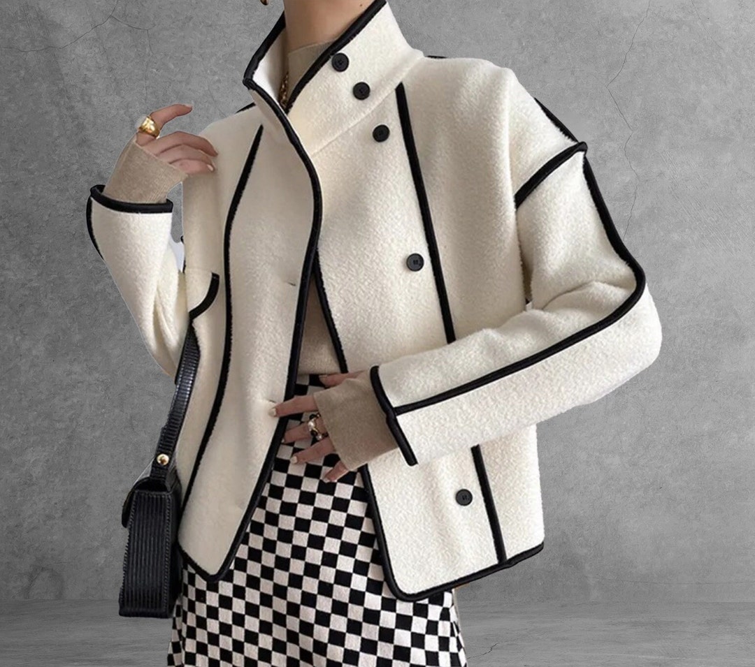 Contrast Trimmed Jacket - Black and White - Etsy