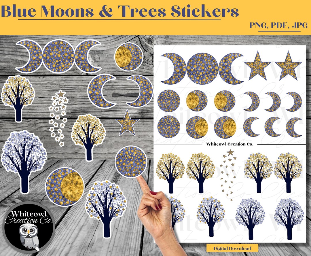 Printable Sticker Sheet " Blue Moons & Trees" | Digital Stickers ...