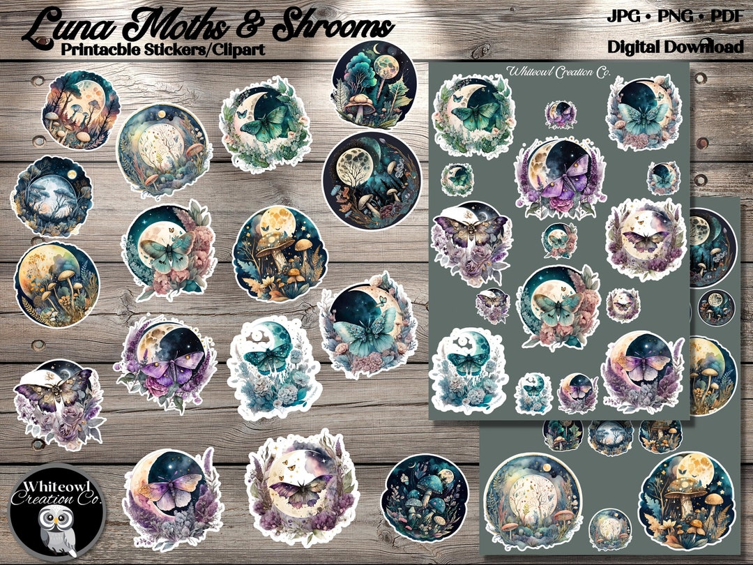 Printable Luna Moths & Shrooms Sticker Sheet, Digital Download, Print N ...