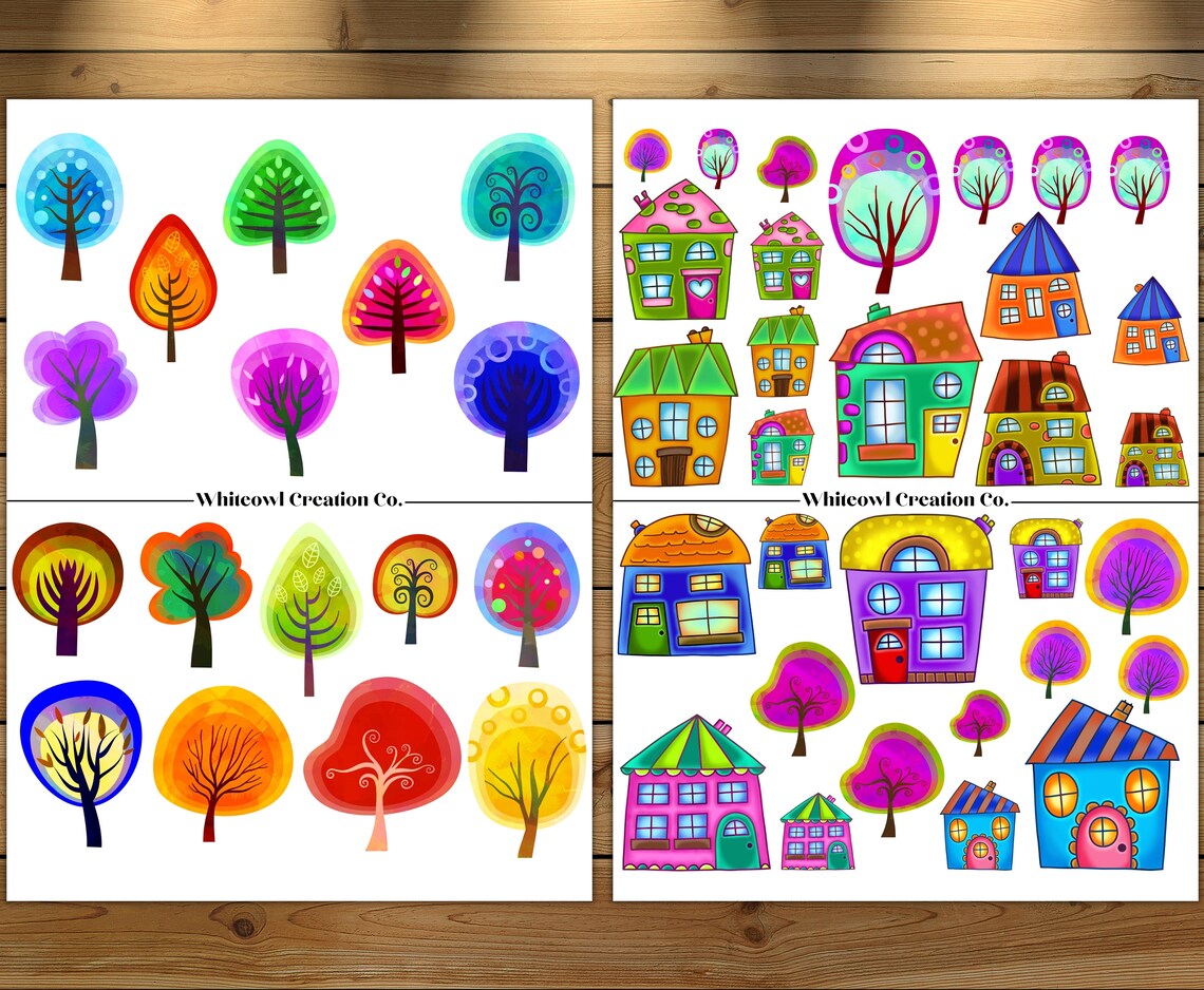 Bright Trees & Houses Printable Stickers, Journal Stickers, Craft ...