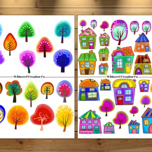Bright Trees & Houses Printable Stickers, Journal Stickers, Craft ...