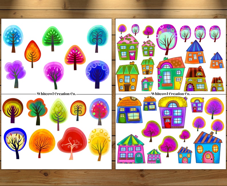 Bright Trees & Houses Printable Stickers, Journal Stickers, Craft ...