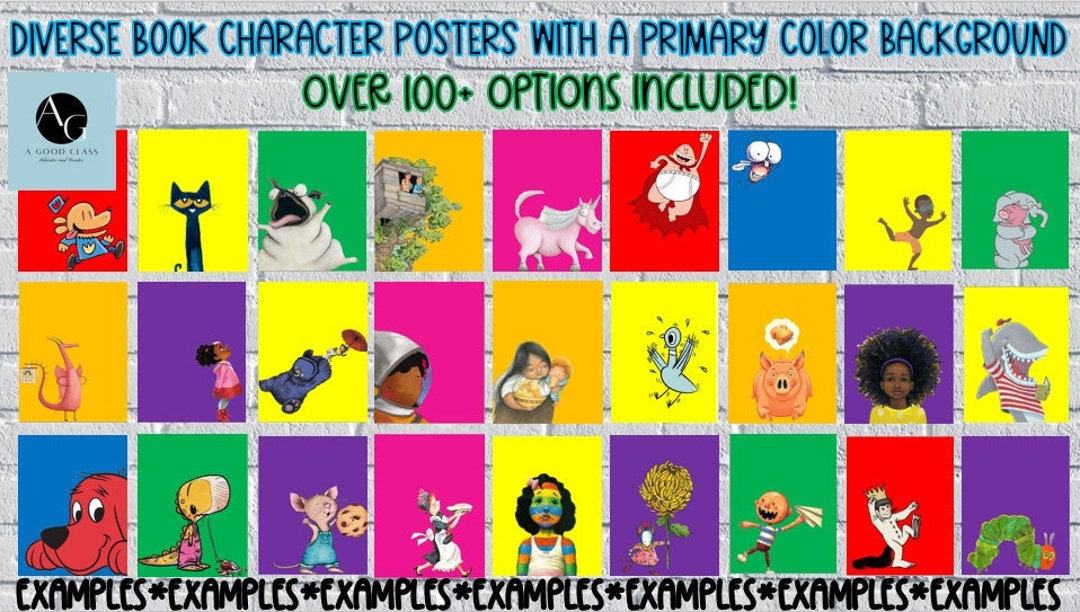 Diverse Children’s Story Book Character Posters With a Primary Color ...