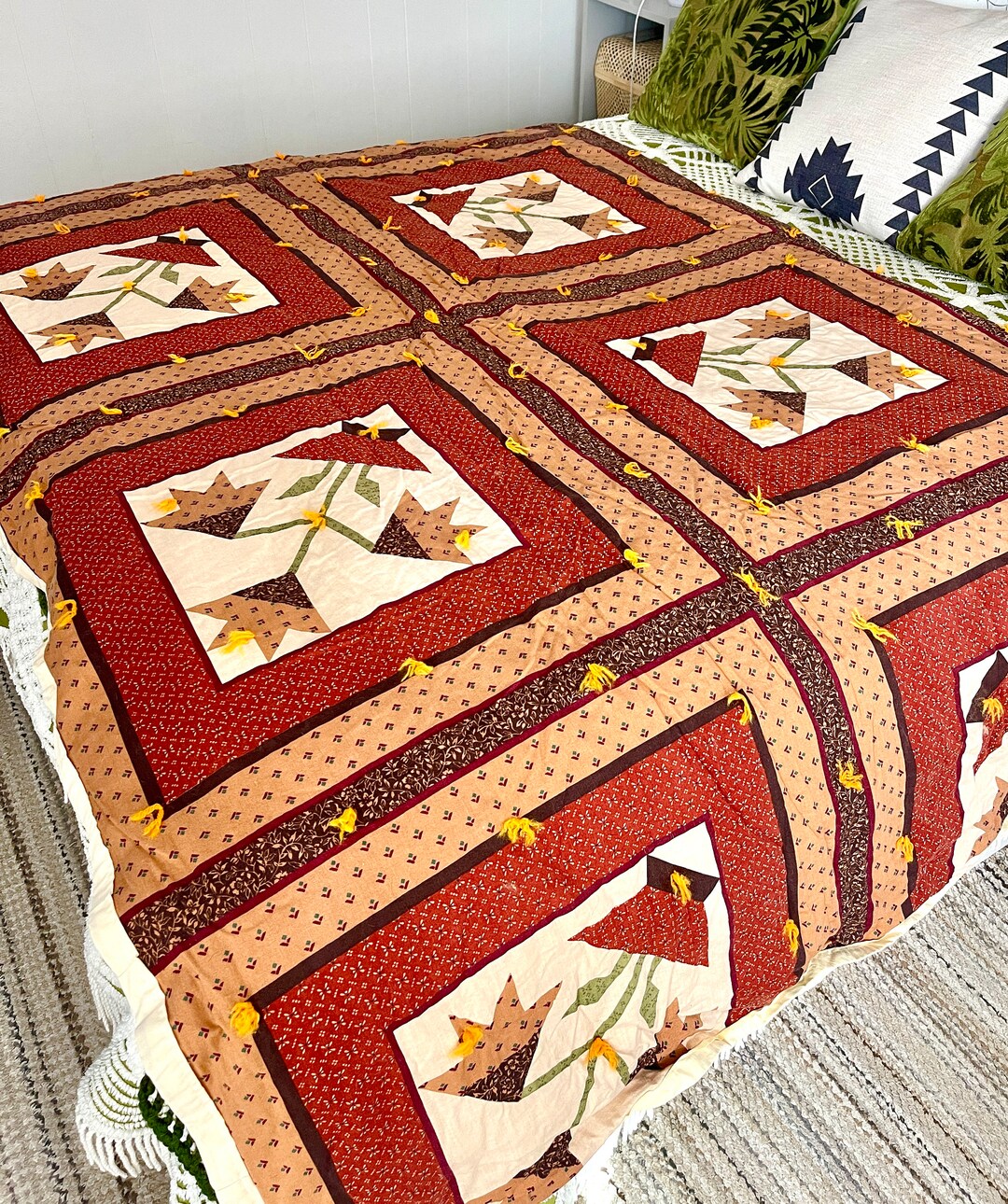 Beautiful 70s Handmade Autumn Color Queen Size Quilt Lined, Filled ...