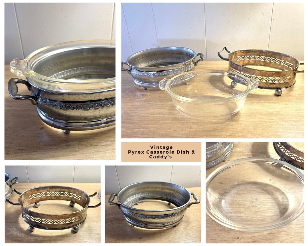 Vintage 1920s-30s Pyrex Glass Oval Casserole Dish & Chrome / Silver ...