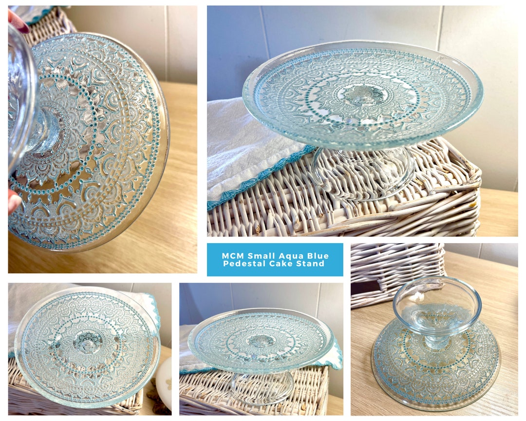 MCM Aqua Blue Jeannette Glass Small Cake Stand W/ Pedestal Retro Ornate ...