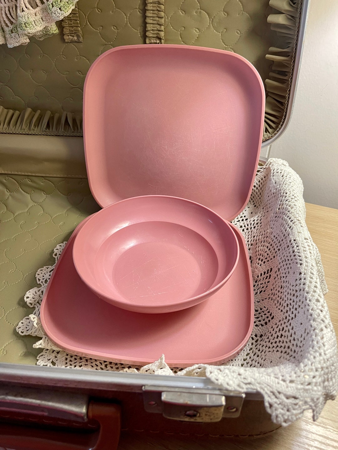 Vintage 80s Tupperware Pink Mug, Bowl & Square Luncheon Plates 155 1534 ...