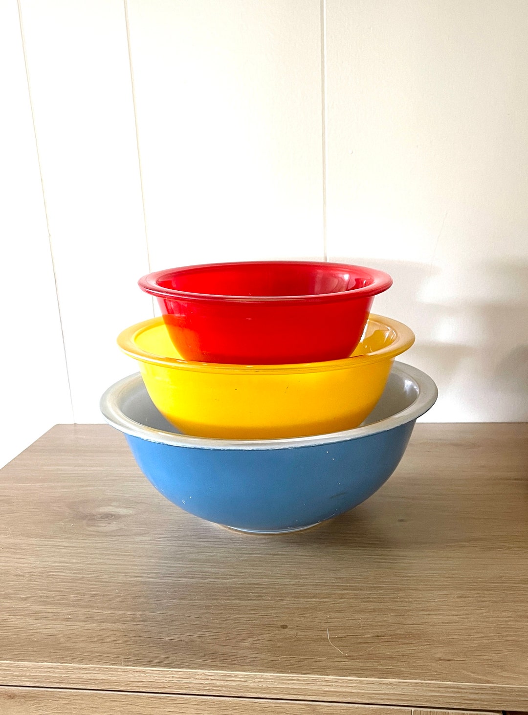 Vintage 80s Pyrex Corning Primary Color Clear Botton Nesting Mixing ...