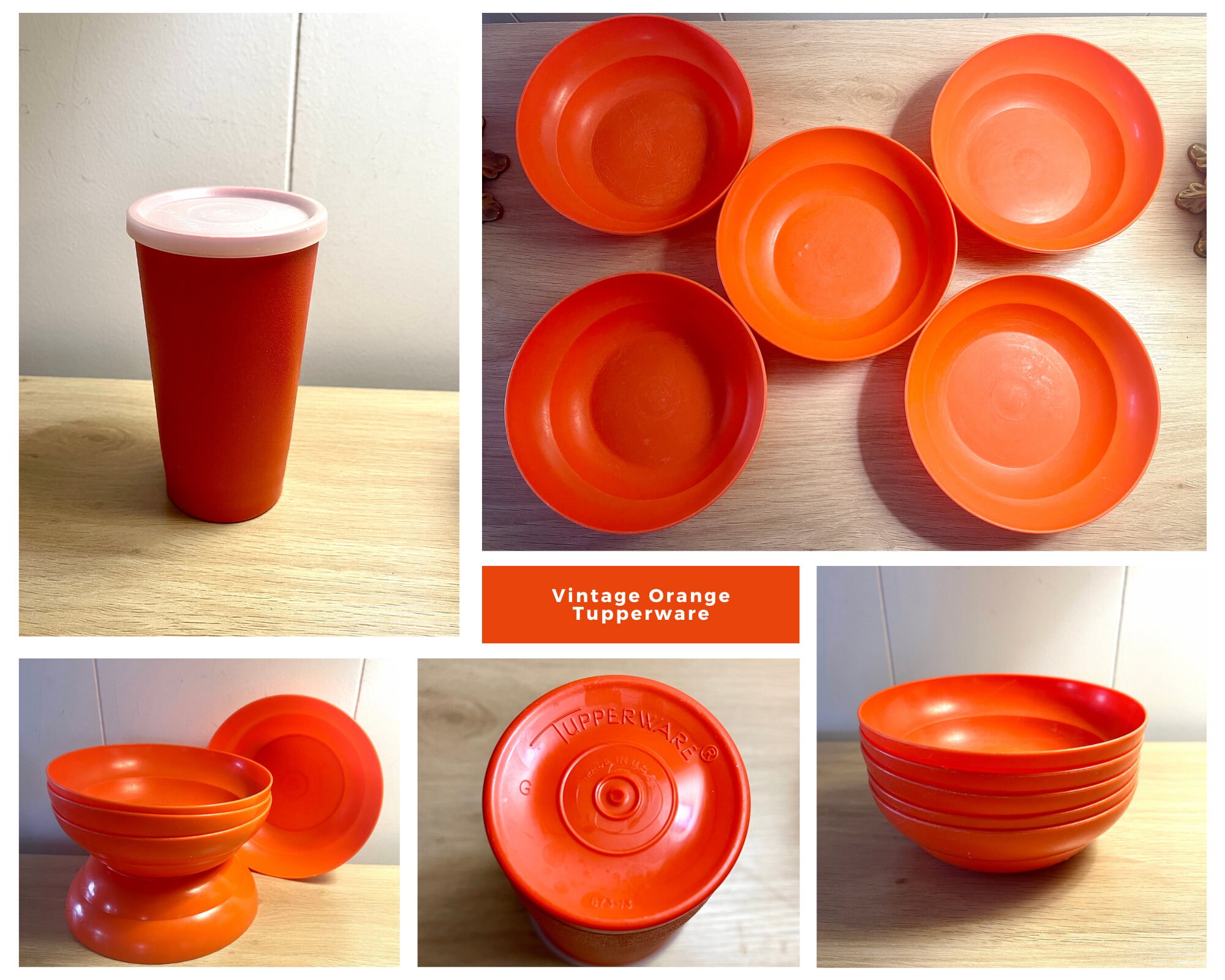 Vintage Orange 60/70s Tupperware Cereal Bowls & Cups Retro Kitchen ...