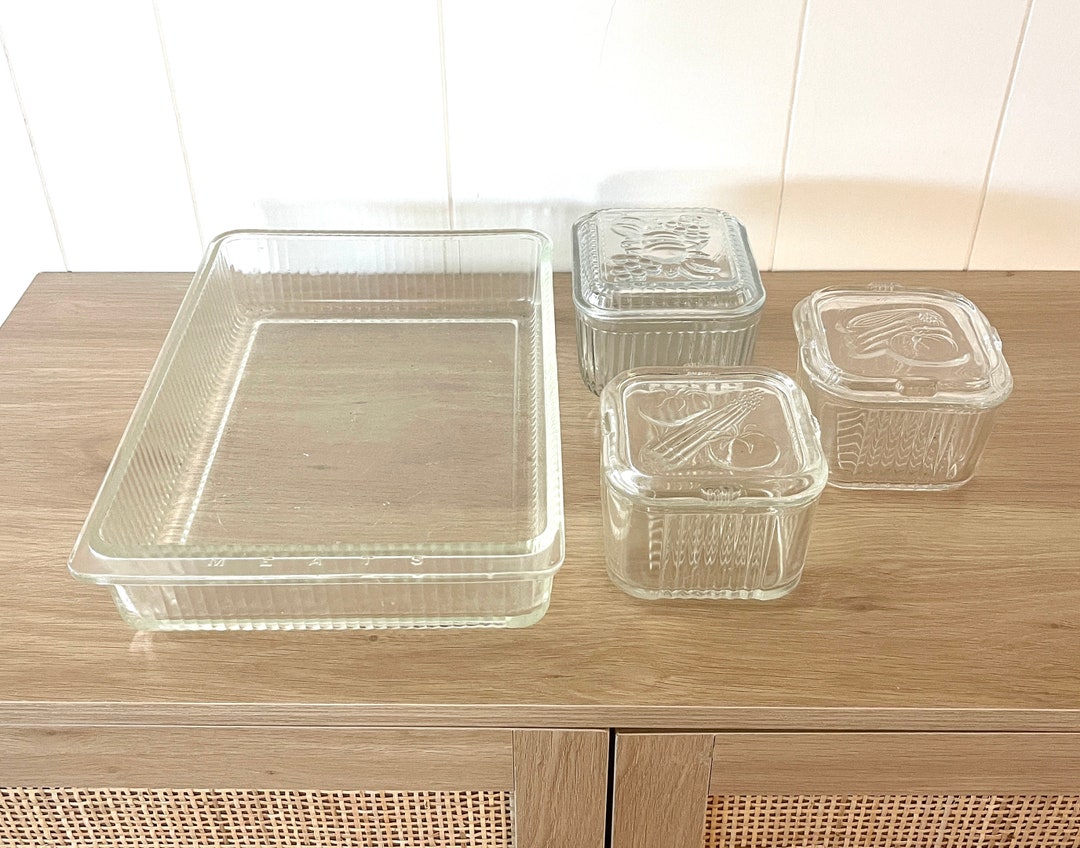 Vintage 50s Glass Refrigerator Dishes With Lids & Meats Tray Mid Mod ...