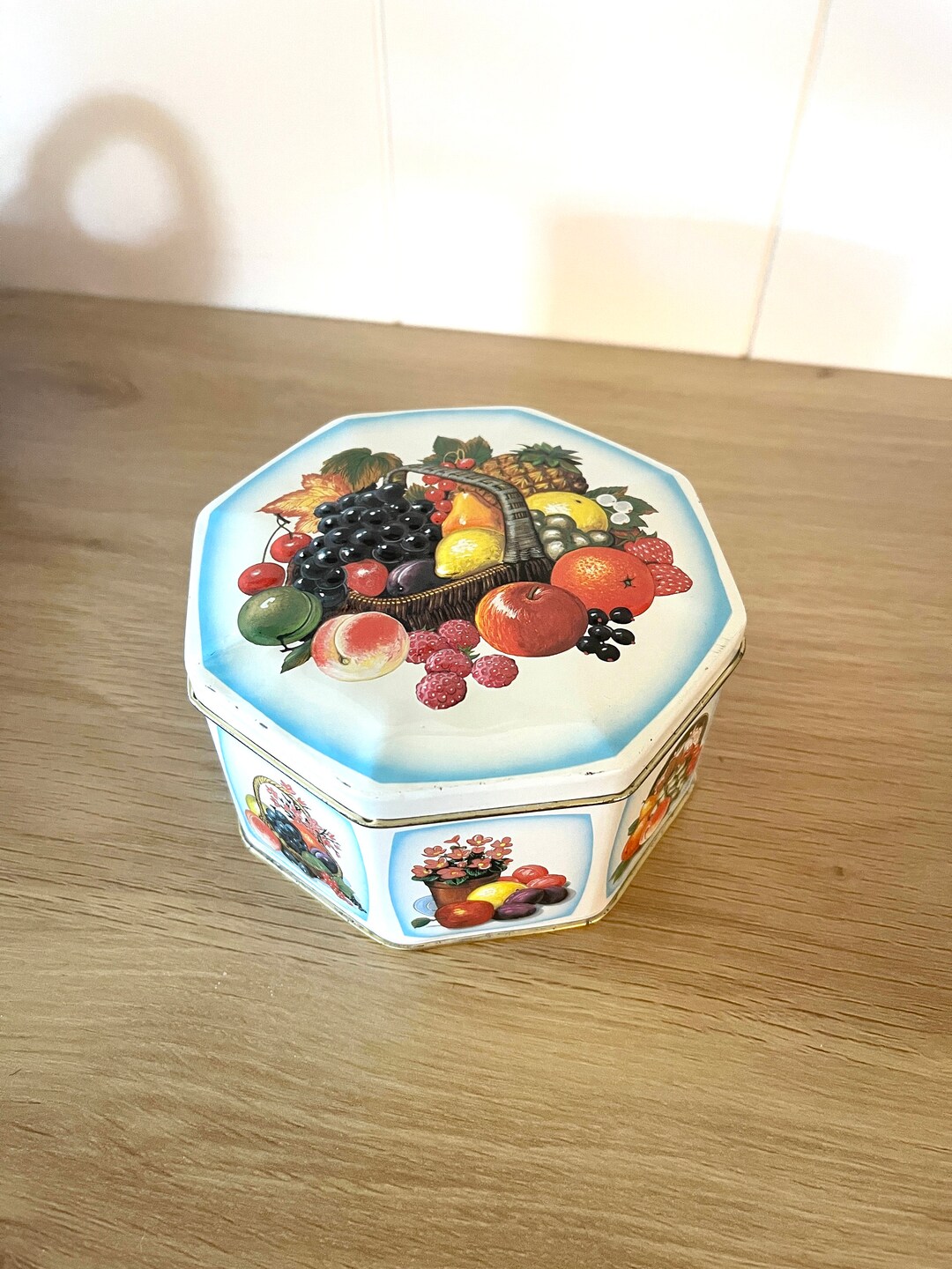 Vintage 1960s Hexagon Candy Tin England Fruit Retro Harvest Collectable ...