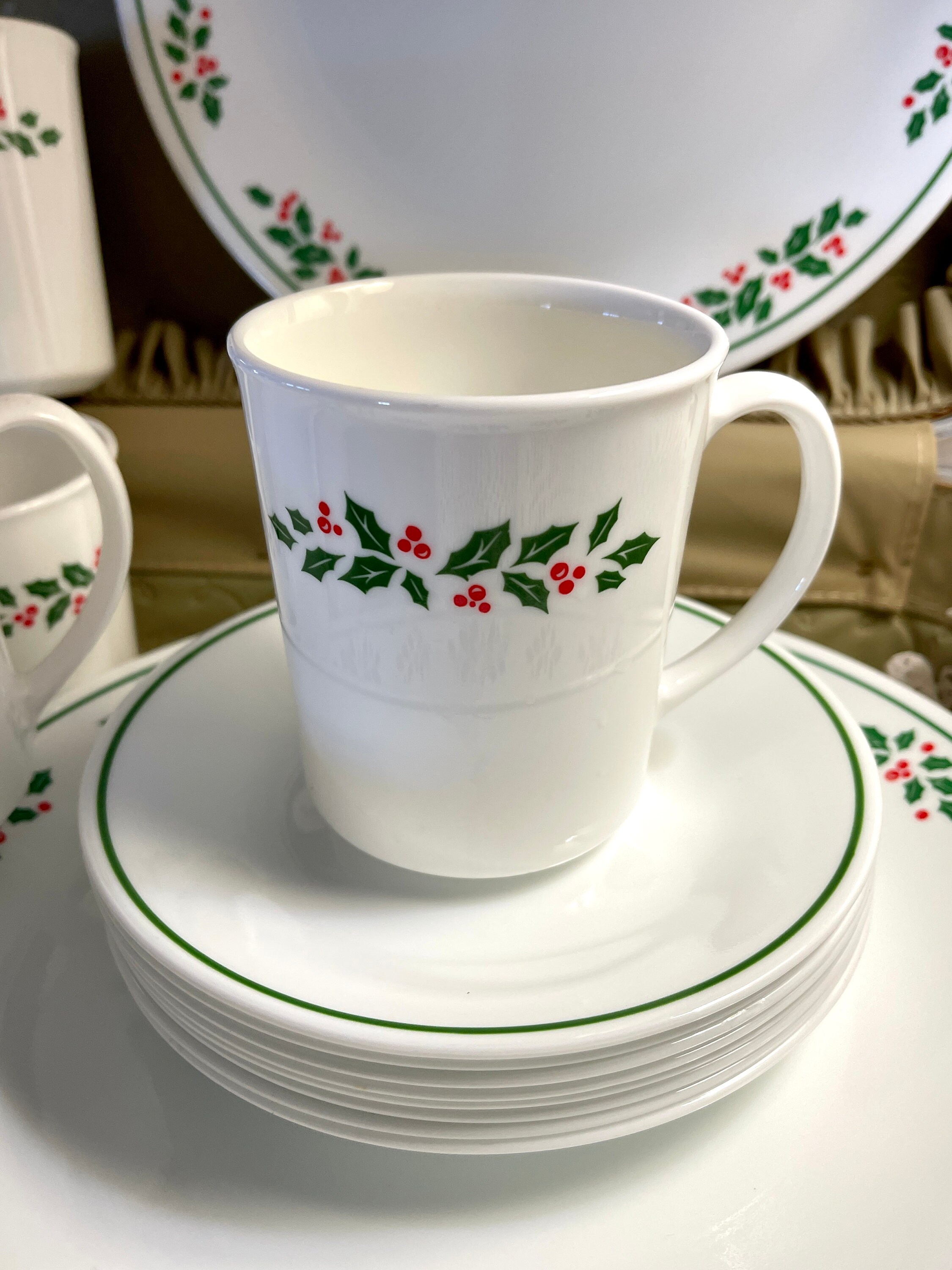 Vintage 80s Corelle Corning Holly Days Dishes Plates Cups Retro Holiday ...