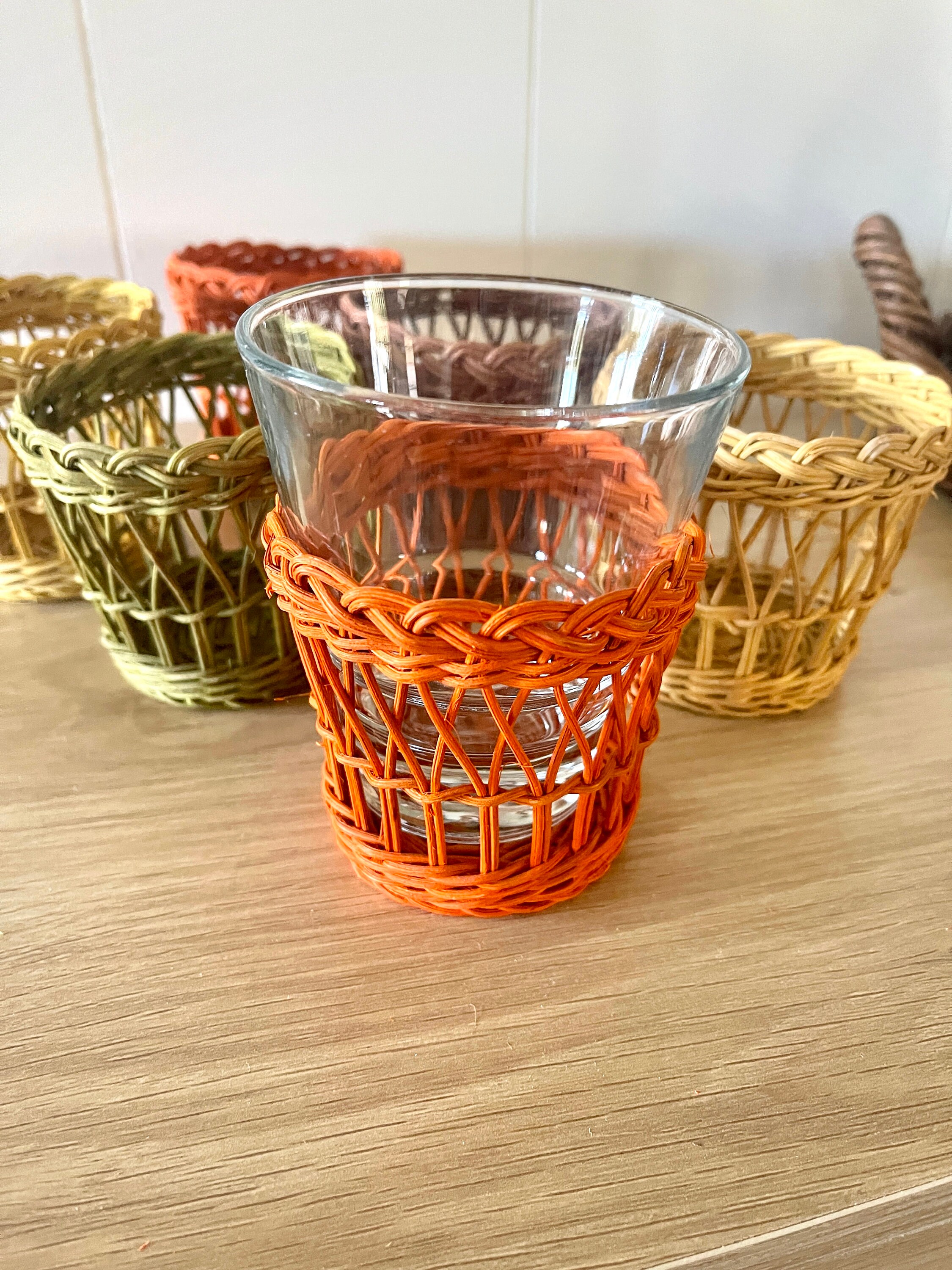 Vintage 70s Wicker Rattan Cup Holders Mid Mod MCM Retro Kitchen Deco ...