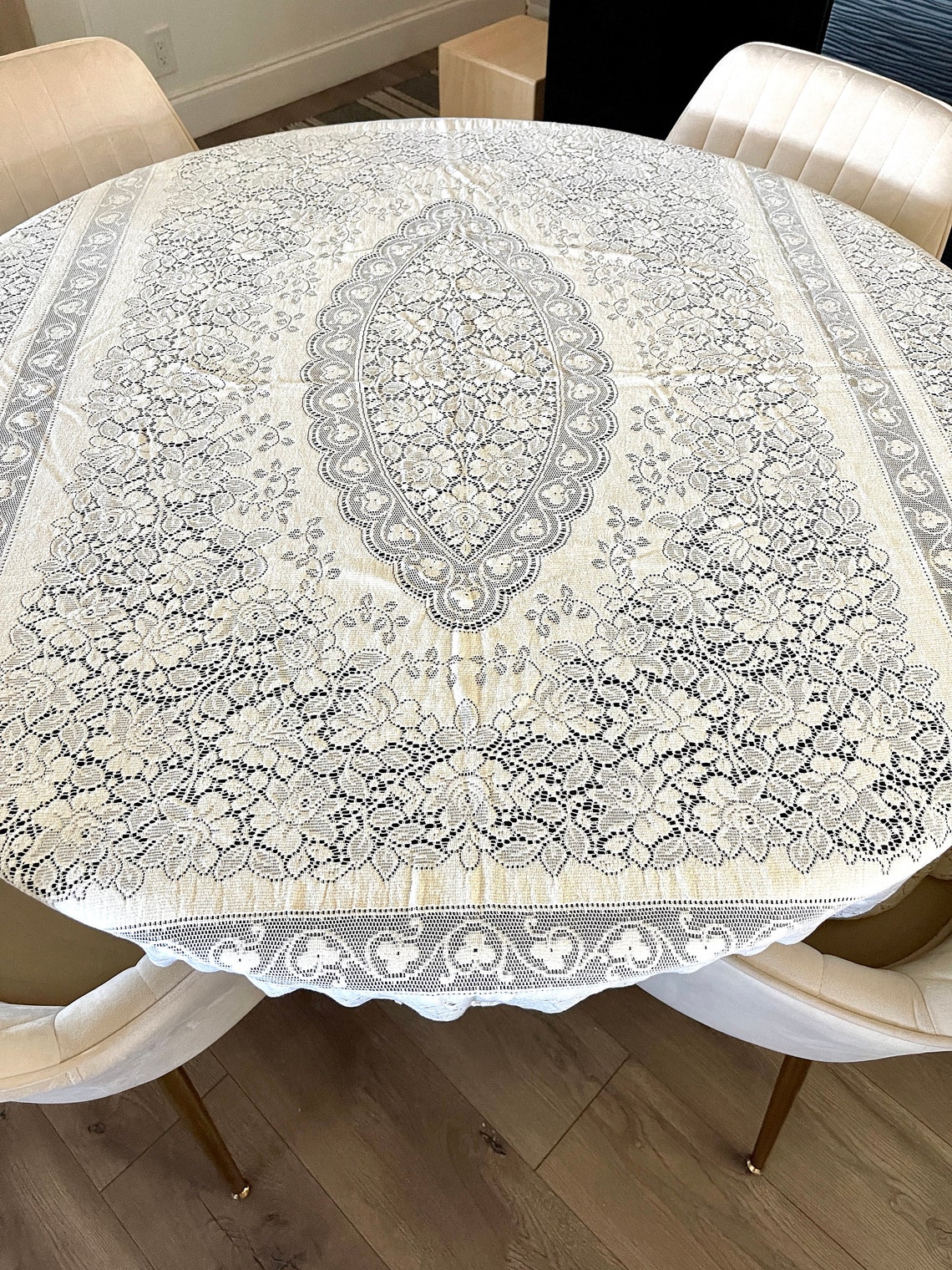 1930s 40s Vintage Art Deco Ecru Rectangular Lace Tablecloth Mid Century ...