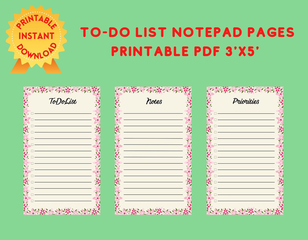 Pink Floral Printable to Do List Note Cards Set of 3, to Do Note Cards ...