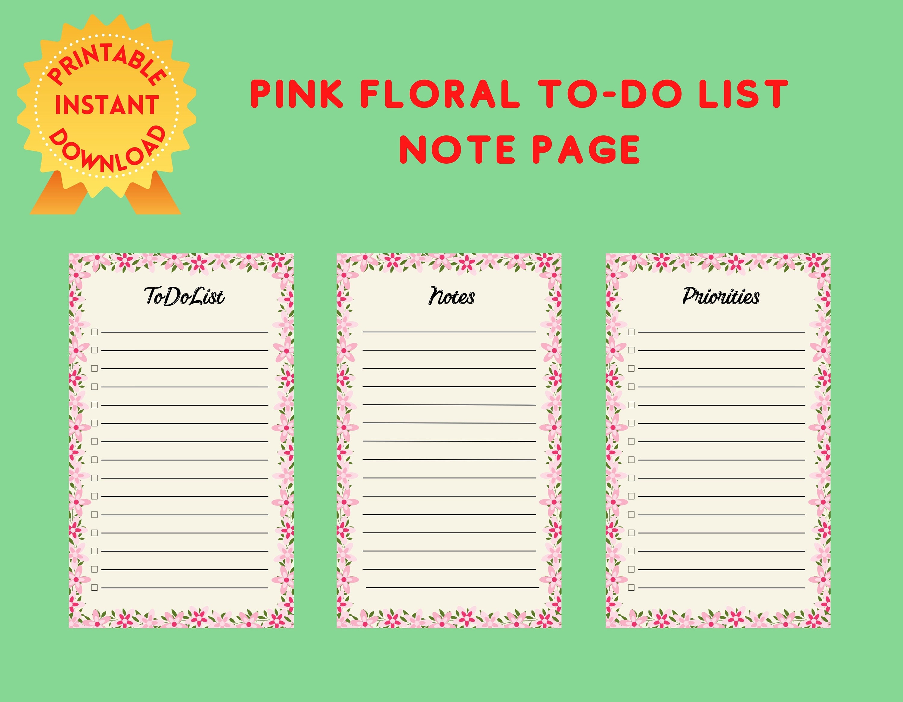 Pink Floral Printable to Do List Note Cards Set of 3, to Do Note Cards ...