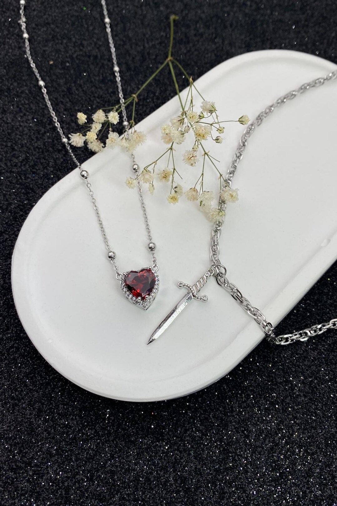 Valentine Day Heart and Sword Couple Necklaces, Matching His and Hers ...