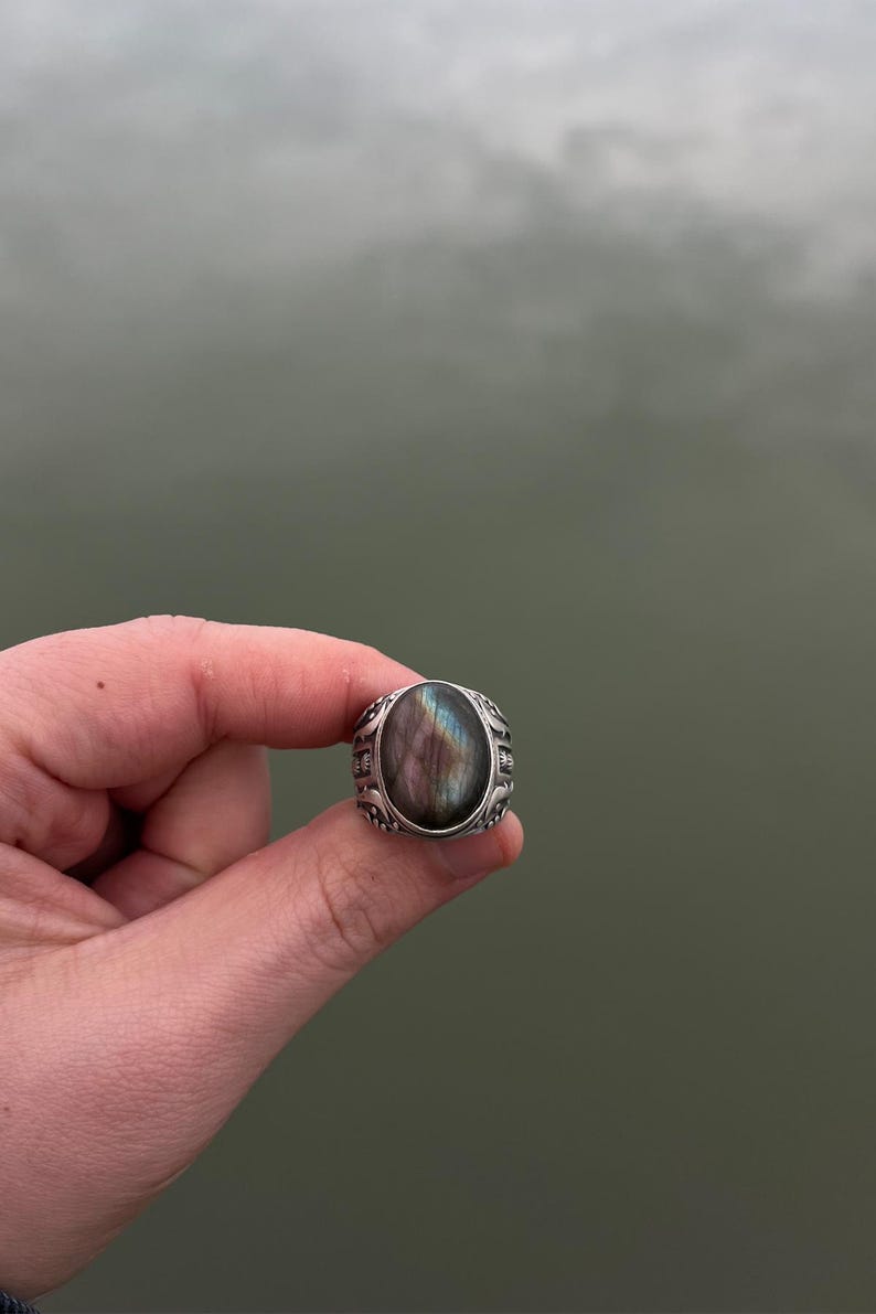 925 Sterling Silver Labradorite Ring, Gothic Mystic Stone, Mens ...