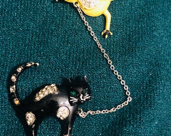 Coro adolph Katz Cat Chasing Bird Chatelaine Double Pin With Enamel and ...