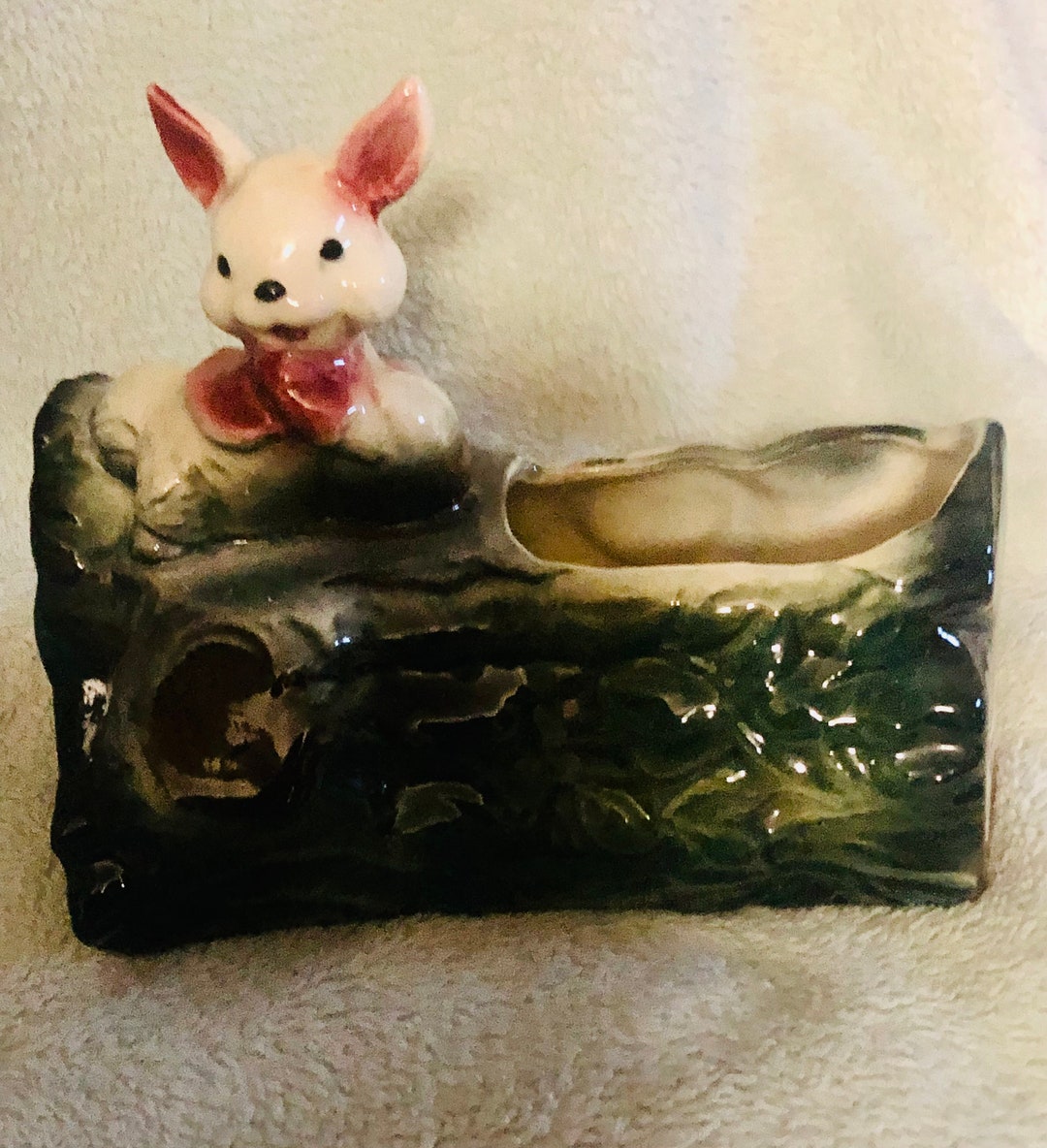 Vintage Brush Mccoy Potter Bunny on a Log Planter / Rabbit Planter - Etsy