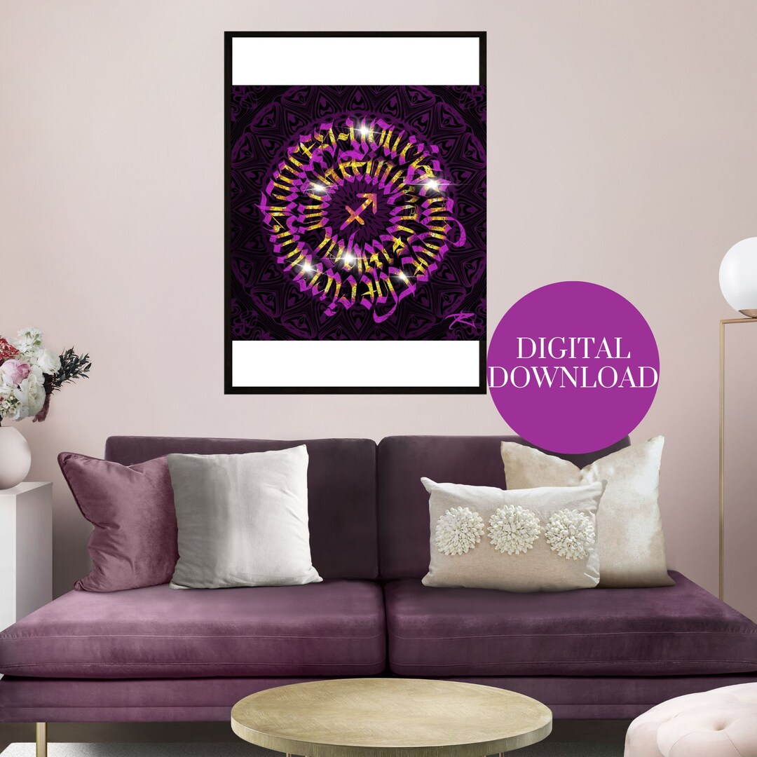 Sagittarius Zodiac Calligraphy Printable Wall Art, Purple Gold ...
