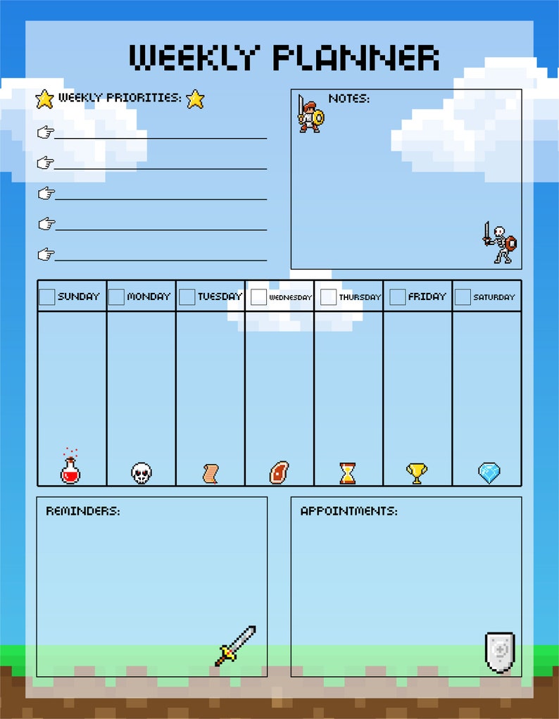 8 Bit Daytime Regular Hero Weekly Organizer - Etsy