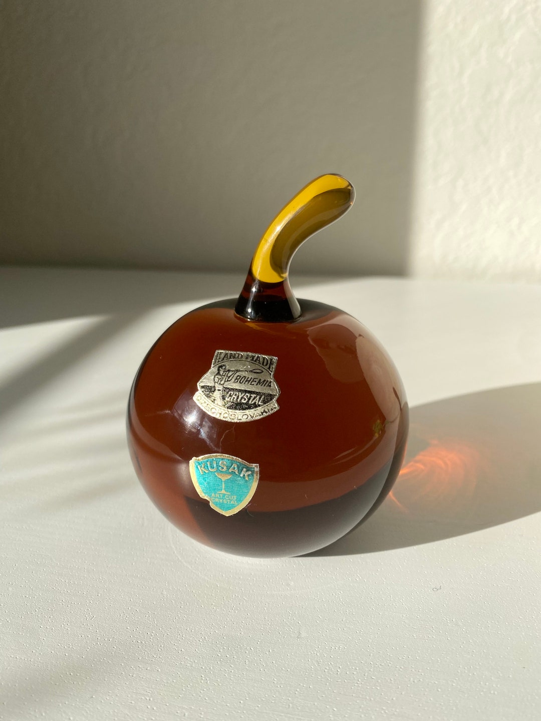 Vintage Kusak Glass Amber Apple Handmade Bohemian Art Cut Crystal With ...