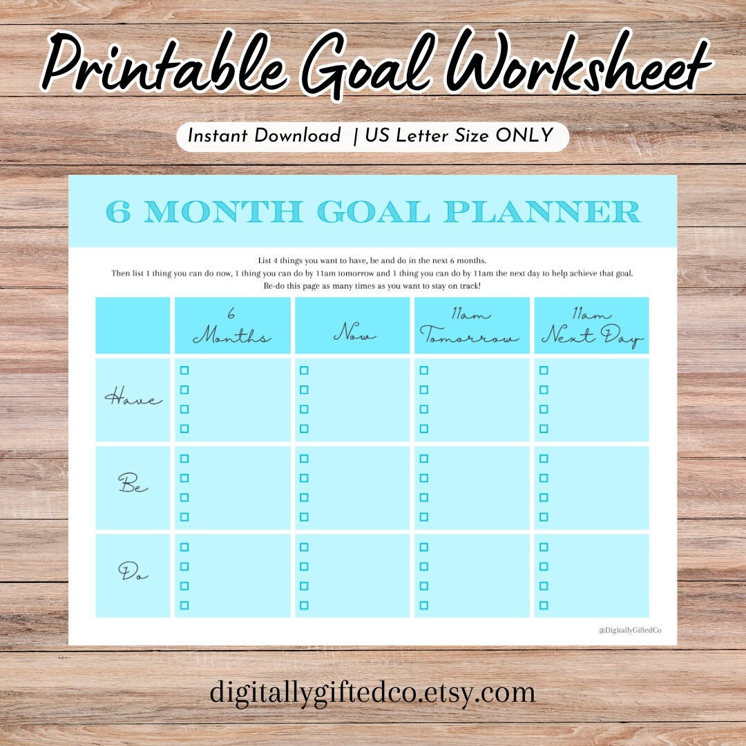 BLUE 6 Month Goals Printable Worksheet Goal Setting Tracker Planner BLUE 6 Month Goals Printable Worksheet Goal Setting Tracker Planner