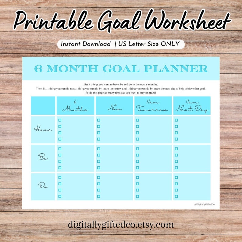 BLUE 6 Month Goals Printable Worksheet | Goal Setting Tracker Planner ...