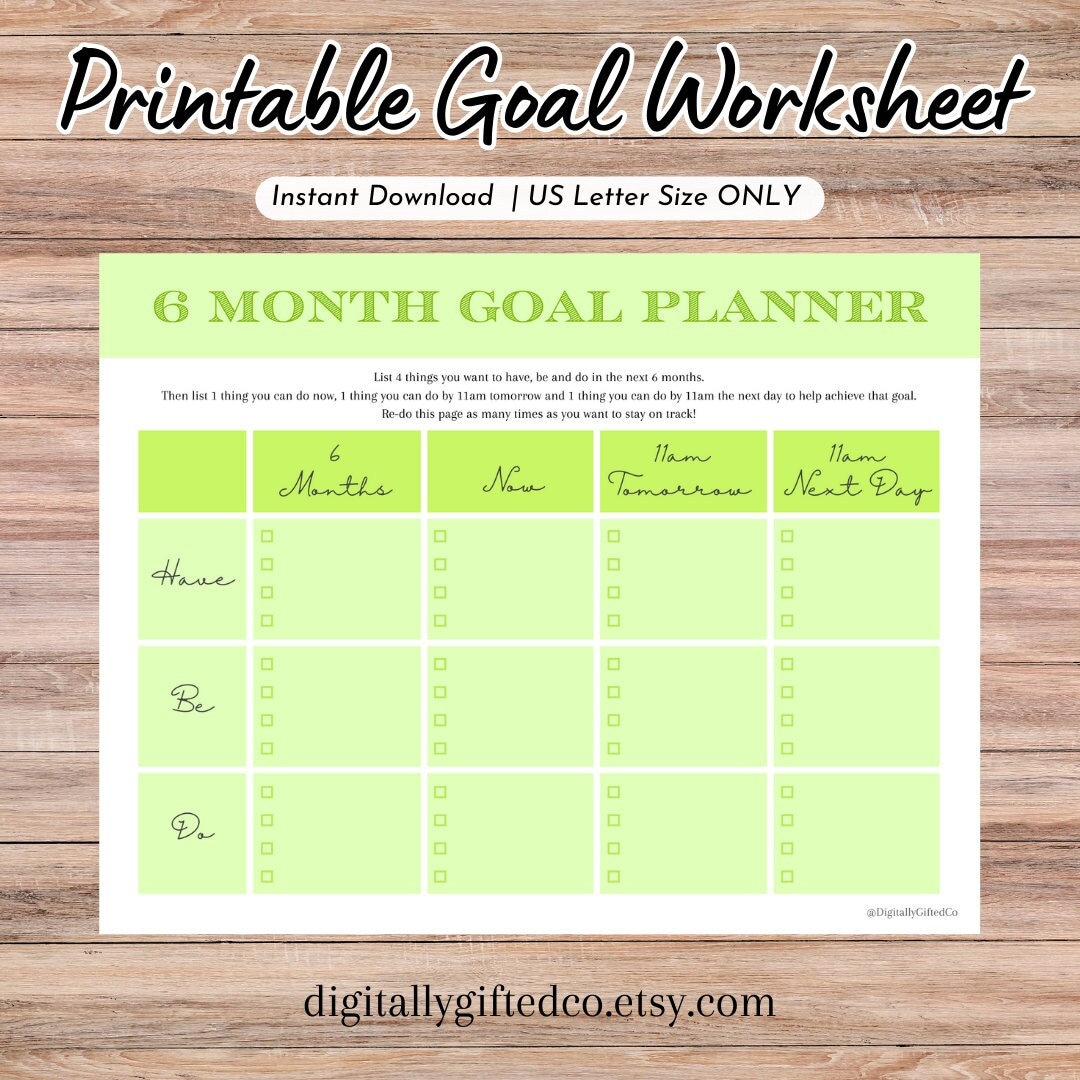 GREEN 6 Month Goals Printable Worksheet | Goal Setting Tracker Planner ...