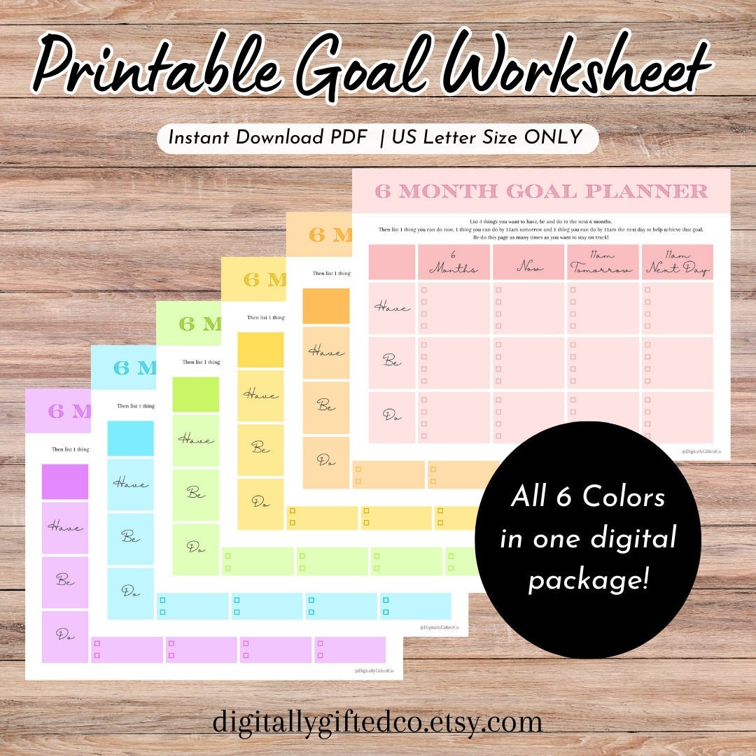 RAINBOW PACK 6 Month Goals Printable Worksheet in 6 Colors | Goal ...