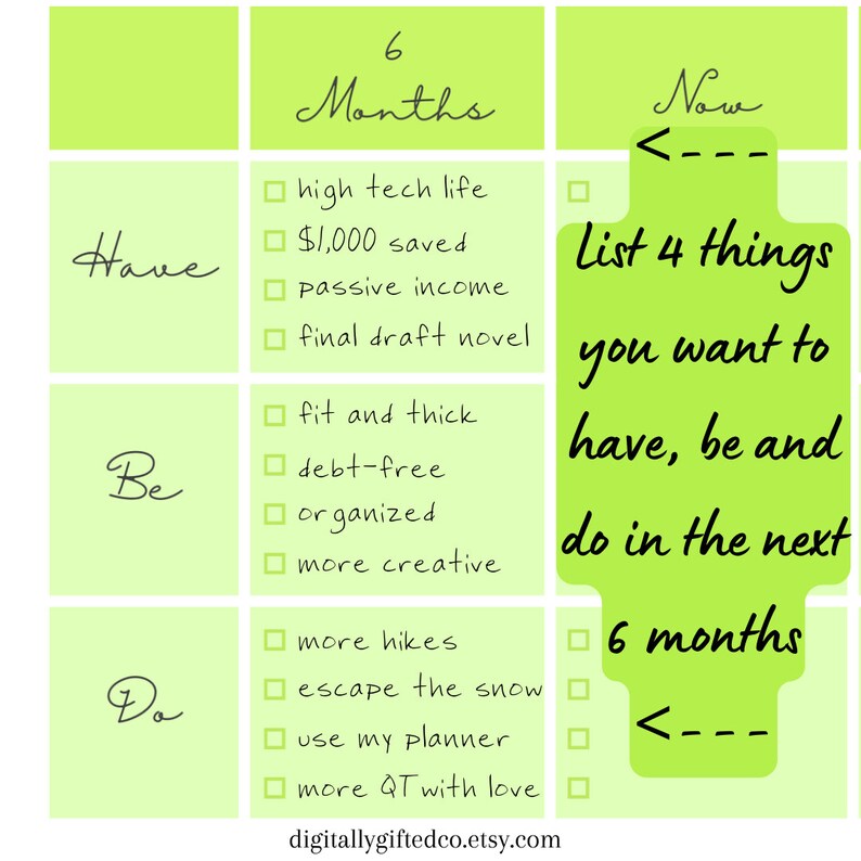 GREEN 6 Month Goals Printable Worksheet Goal Setting Tracker Planner ...