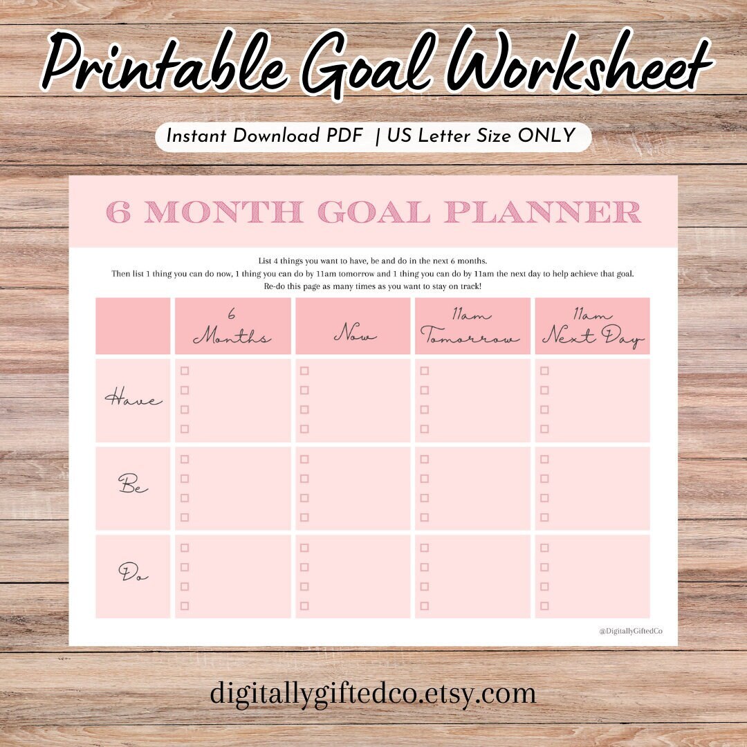 PINK 6 Month Goals Printable Worksheet | Goal Setting Tracker Planner ...